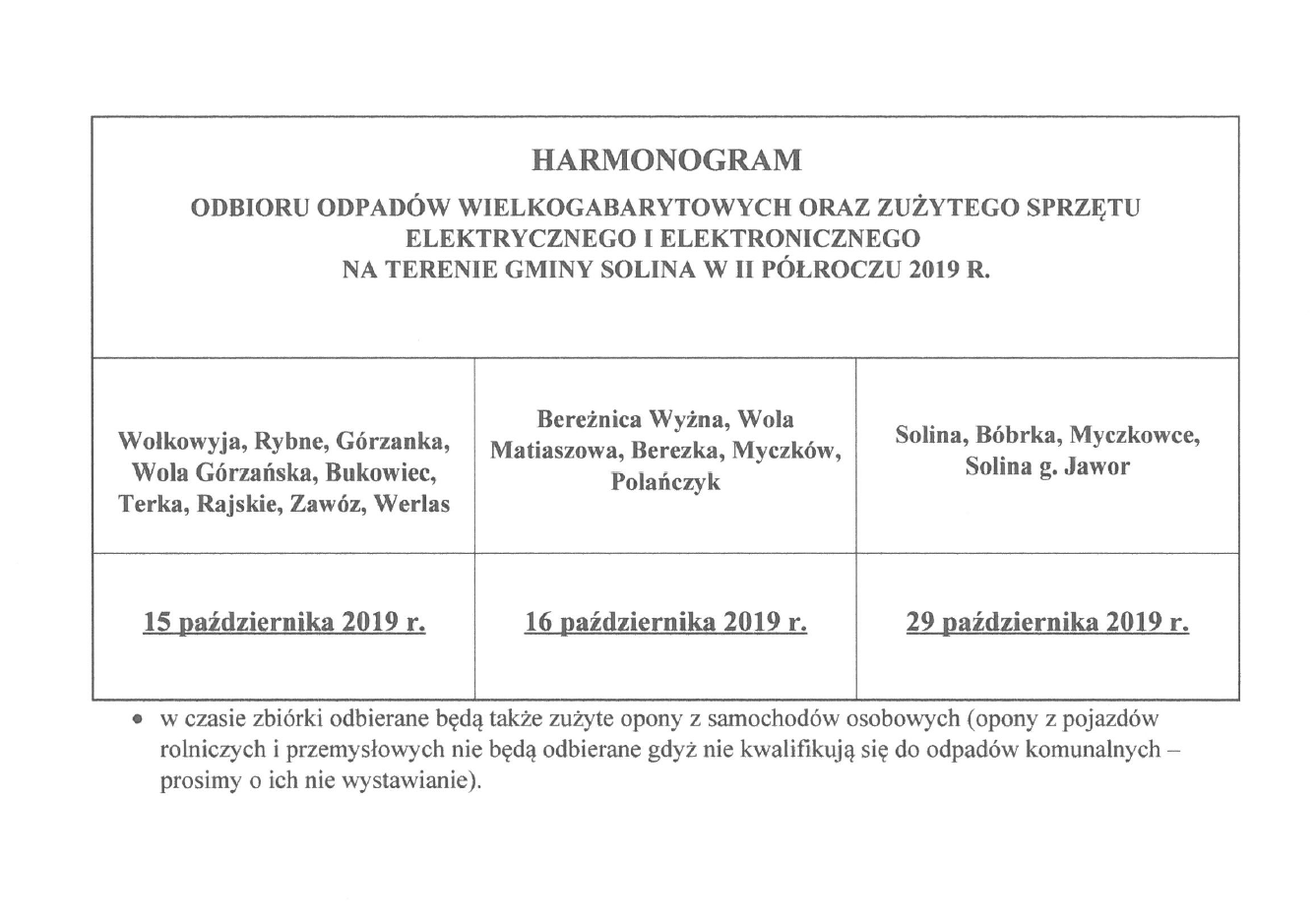 Harmonogram odbioru odpadów wielkogabarytowych « Gmina Solina